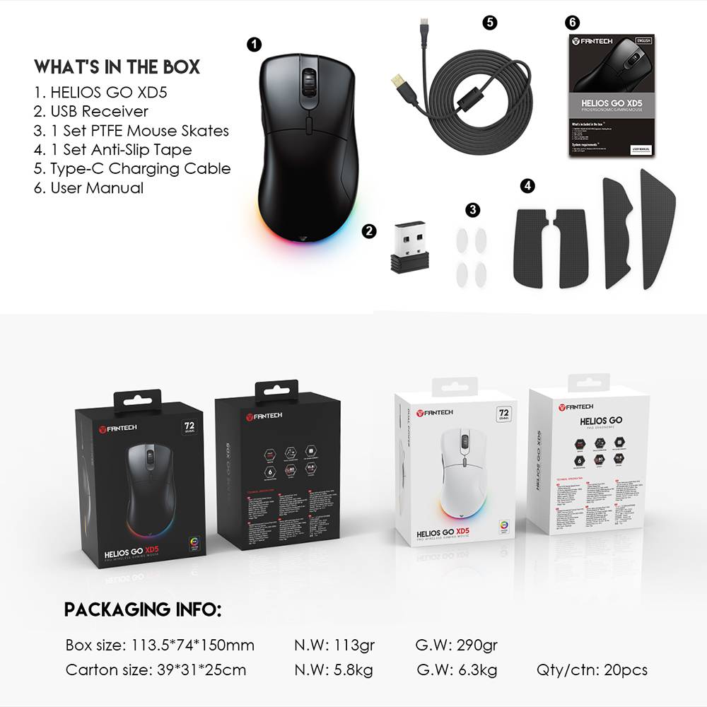 Fantech HELIOS GO XD5 Wireless Mouse Gaming RGB Dual Mode PIXART 3370 ...